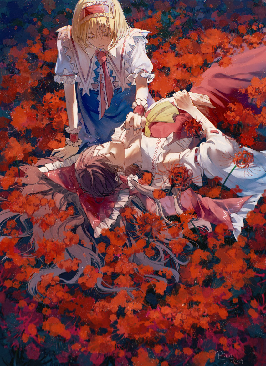 Safebooru - 2girls aihara-rina alice margatroid ascot bare shoulders blonde hair blue dress bow ...