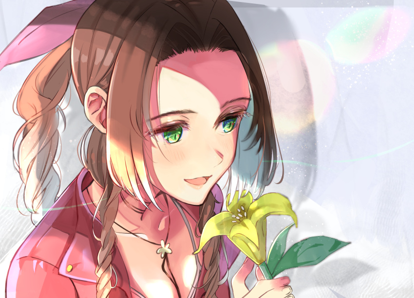 Safebooru - 1girl aerith gainsborough bow braid brown hair chil0107 cropped jacket final fantasy ...