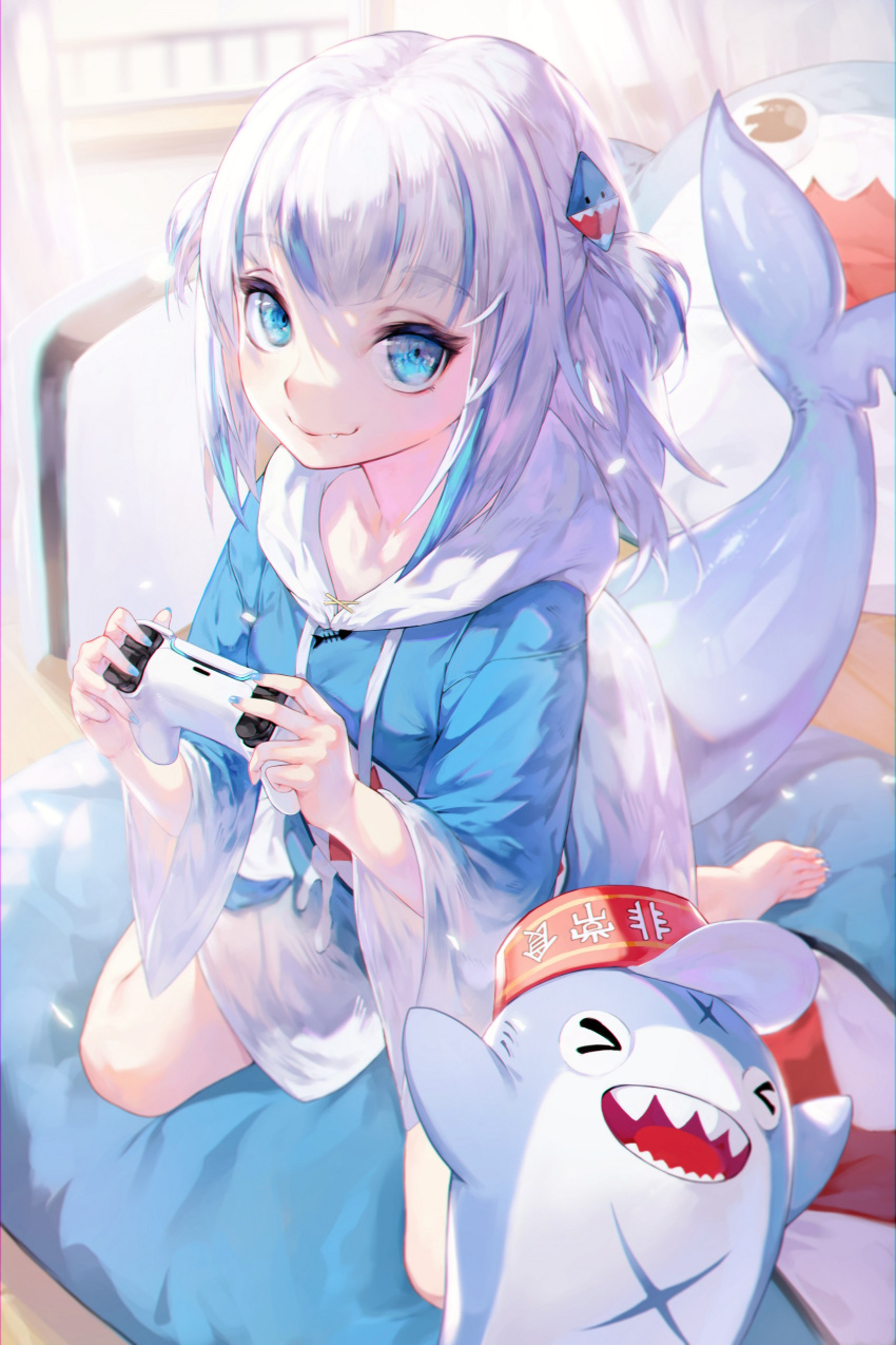 Safebooru - 1girl absurdres bangs barefoot bloop (gawr gura) blue eyes blue hair blue hoodie ...