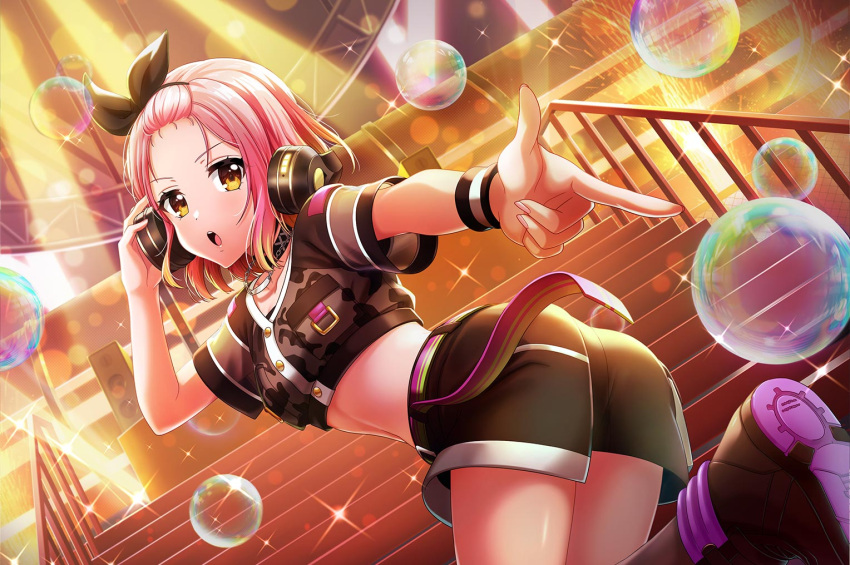 Safebooru - 1girl blush d4dj headphones inuyose shinobu jacket official art pink hair short hair ...