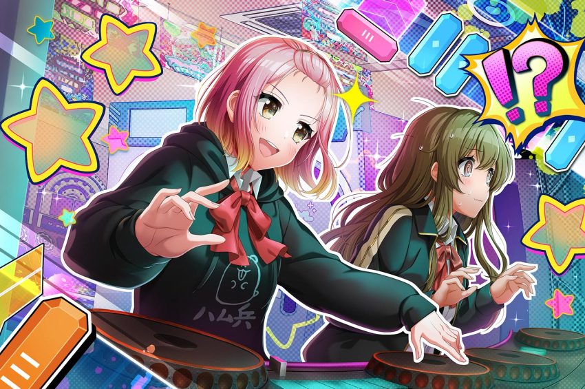 Safebooru - 2girls brown eyes brown hair d4dj inuyose shinobu jacket official art pink hair ...