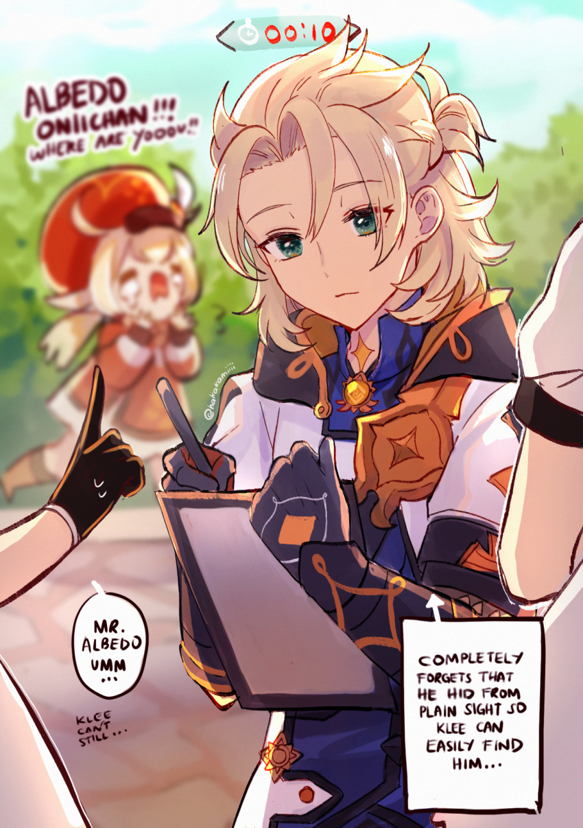 Safebooru - 1boy 3girls albedo (genshin impact) black gloves blue eyes blurry book brown hair ...