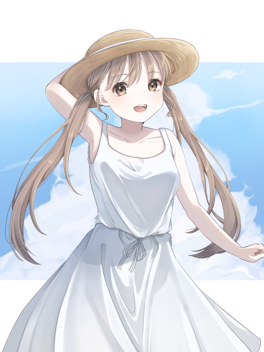 Safebooru - 1girl :d breasts brown eyes brown hair clouds cloudy sky collarbone commentary dress ...