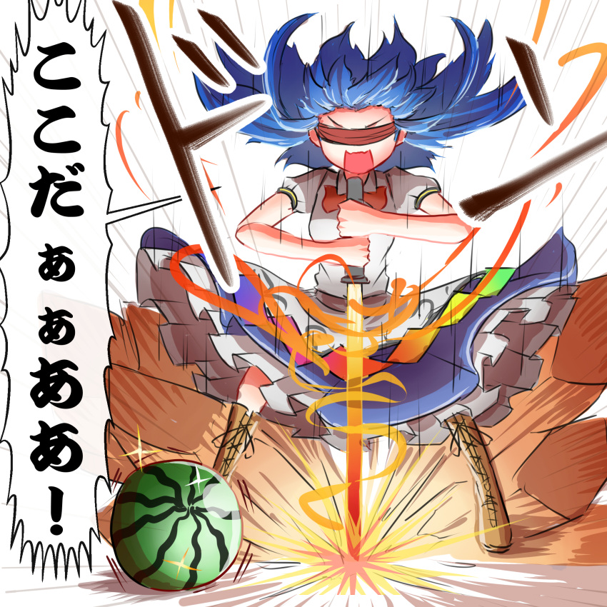 Safebooru - 1girl bangs blue hair blue skirt boots bow bowtie brown ...