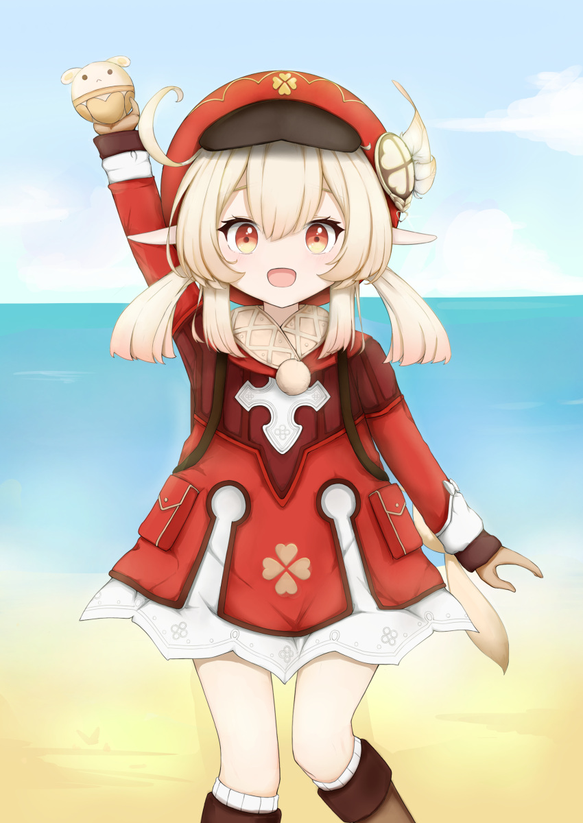 Safebooru - 1girl :d absurdres ahoge arm up backpack bag bag charm bangs beach bloomers blue sky ...