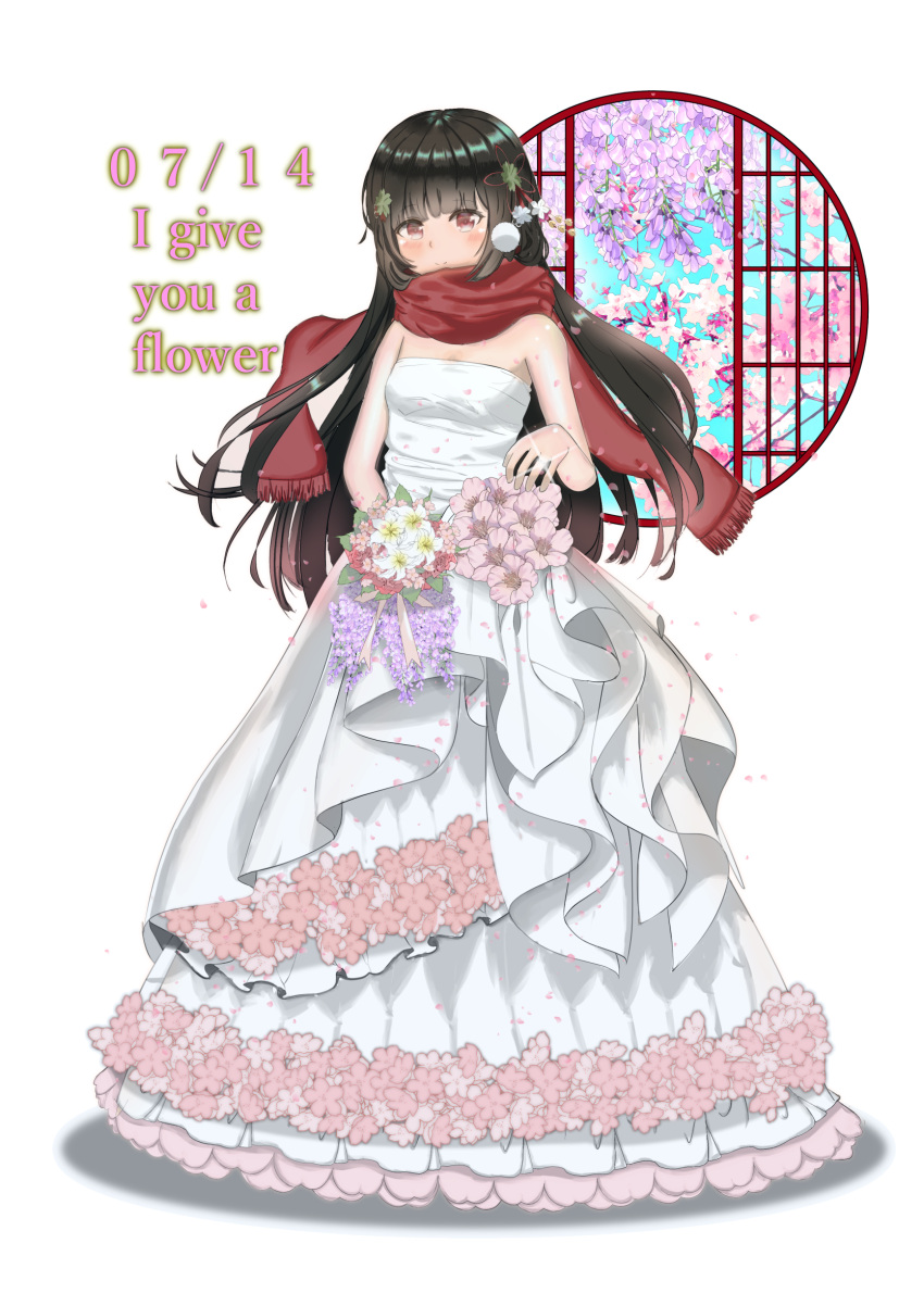 Safebooru - 1girl alternate costume black hair blush bouquet breasts ...