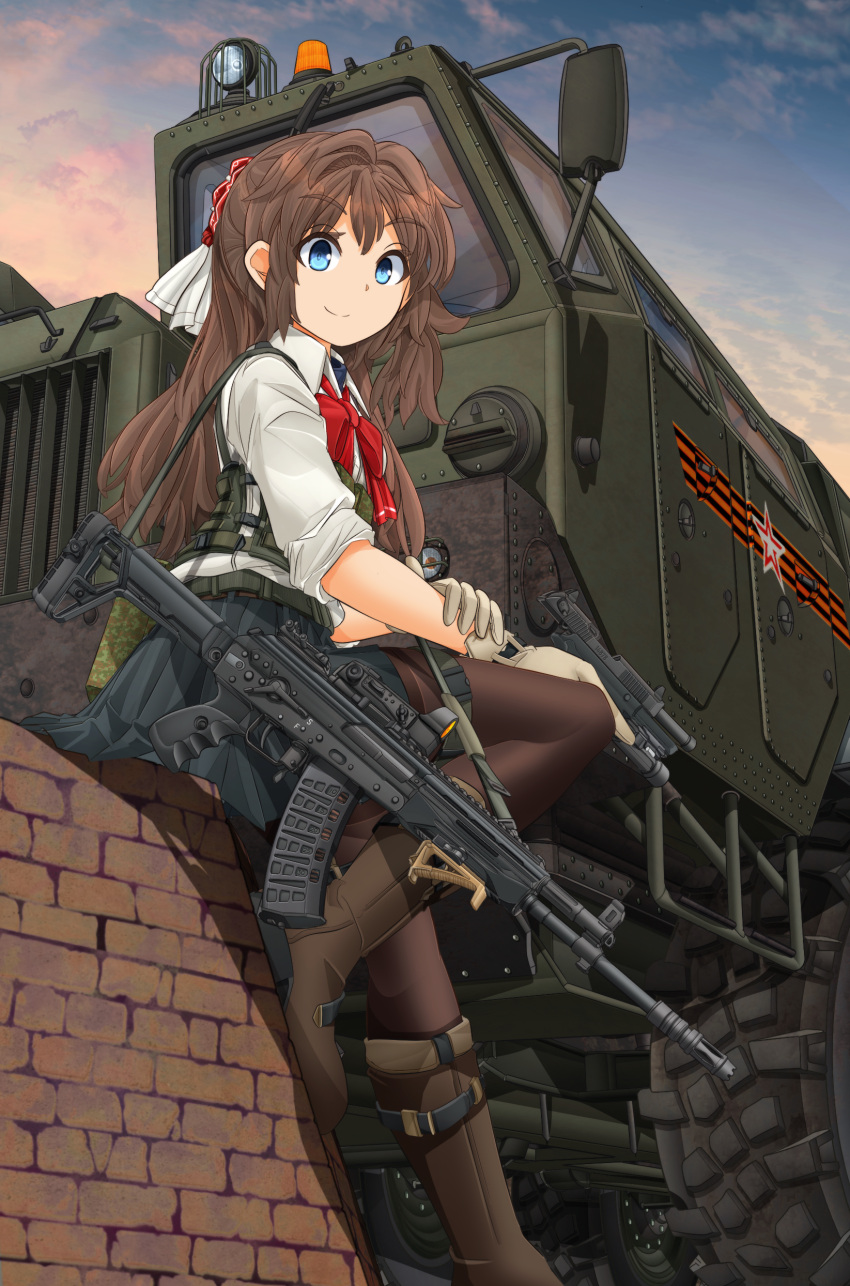 Safebooru - 1girl absurdres assault rifle bangs black skirt blue eyes ...