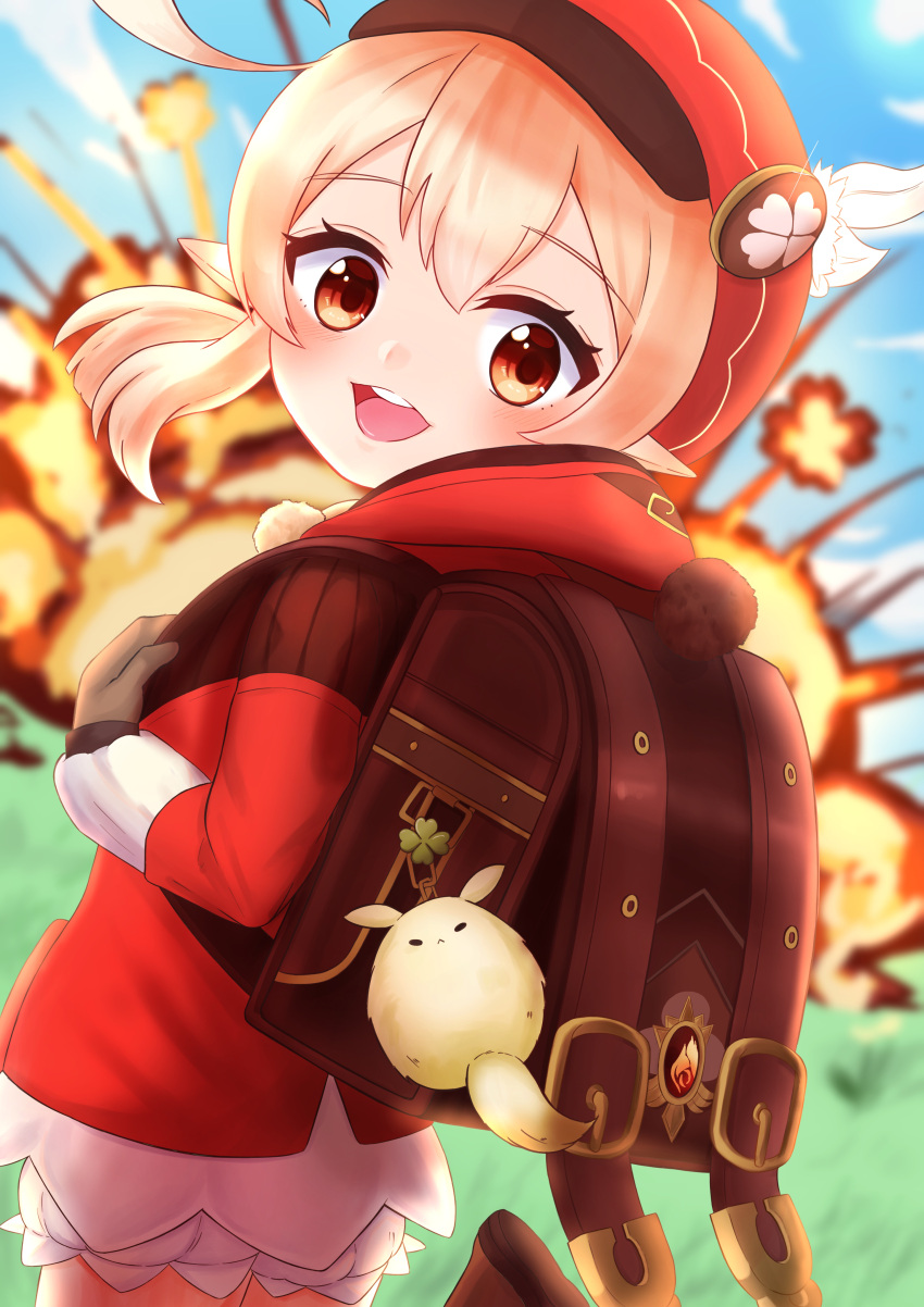 Safebooru - 1girl :d absurdres ahoge backpack bag bag charm bangs bloomers blue sky blurry brown ...