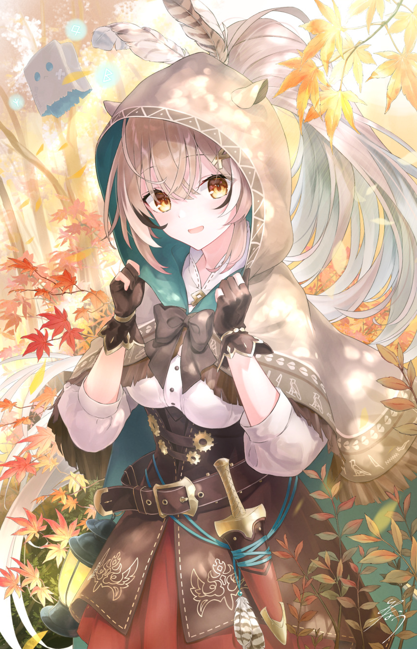 Safebooru - 1girl absurdres autumn leaves breasts cloak corset dagger fingerless gloves forest ...