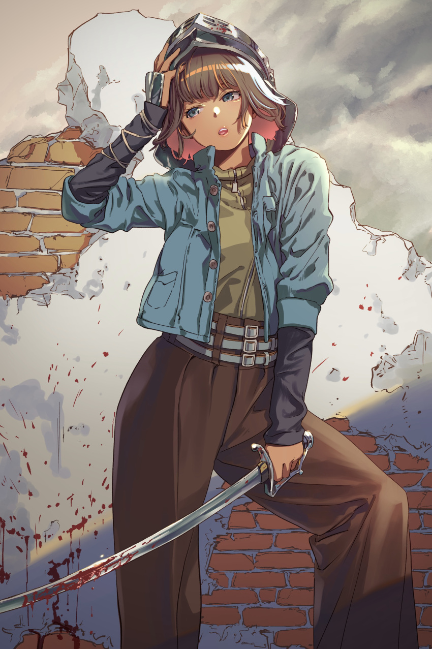 Safebooru - 1girl absurdres bangs blood blood on weapon blue eyes brown hair helmet highres ...