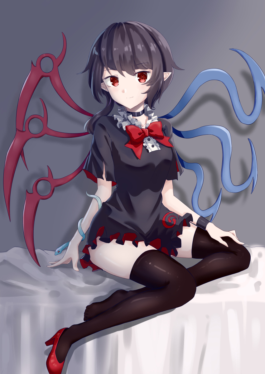 Safebooru - 1girl absurdres asymmetrical wings bangs black dress black hair black legwear blue ...