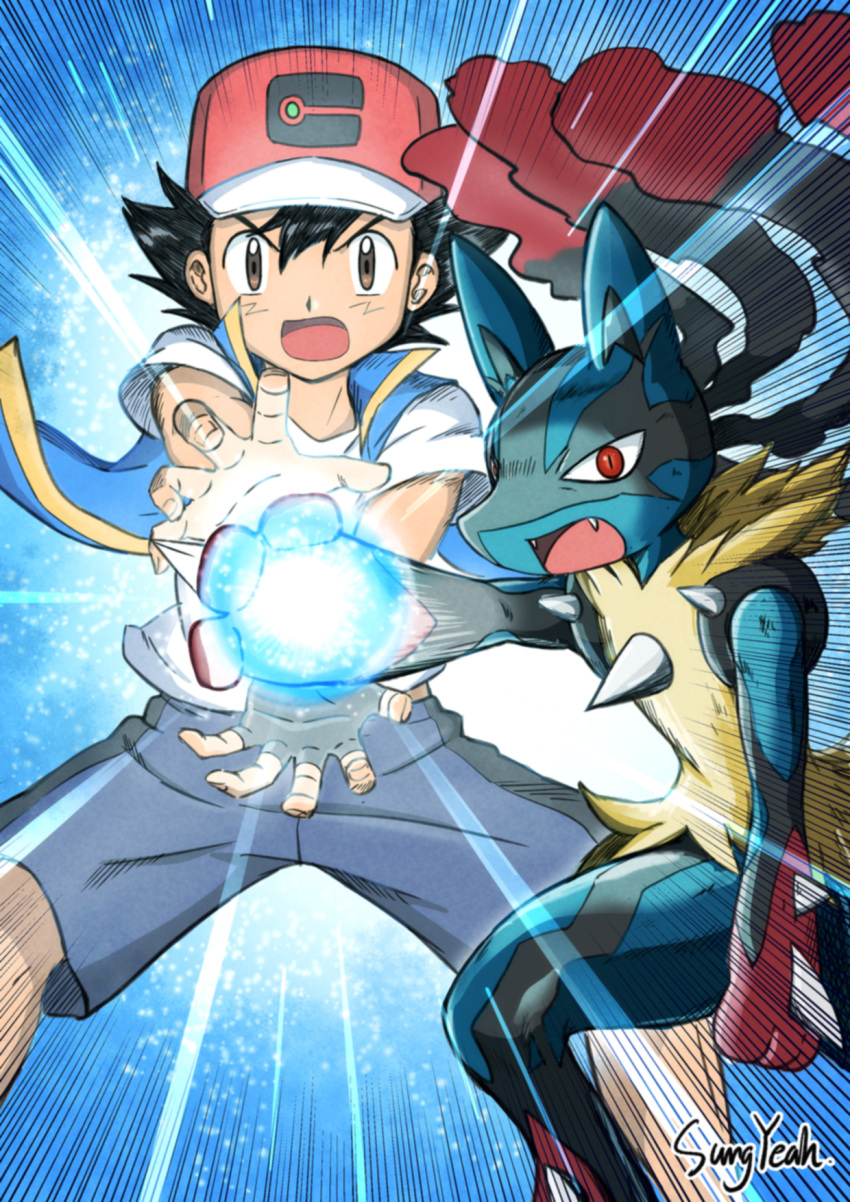 Safebooru - 1boy ash ketchum bangs baseball cap black hair blue jacket brown eyes commentary ...