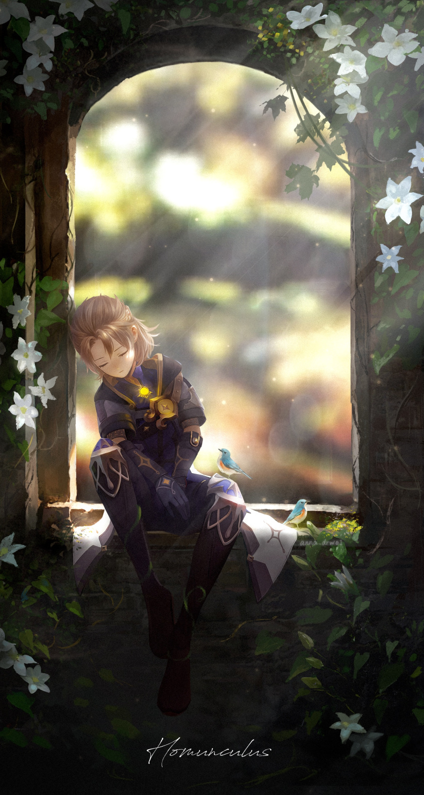 Safebooru - 1boy absurdres albedo (genshin impact) anna (drw01) armor bangs bird brown hair ...