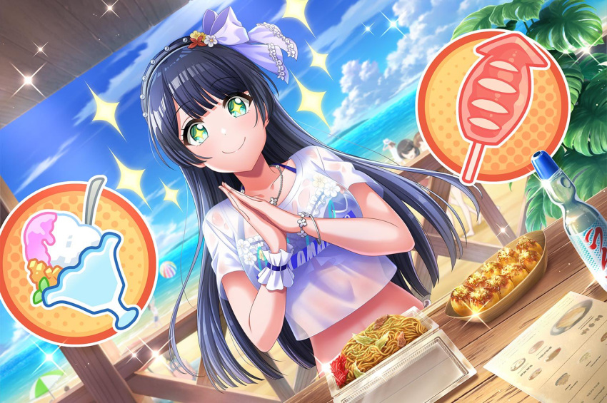 Safebooru - 1girl black hair blue eyes blush d4dj long hair smile swimsuit togetsu rei | 3659754