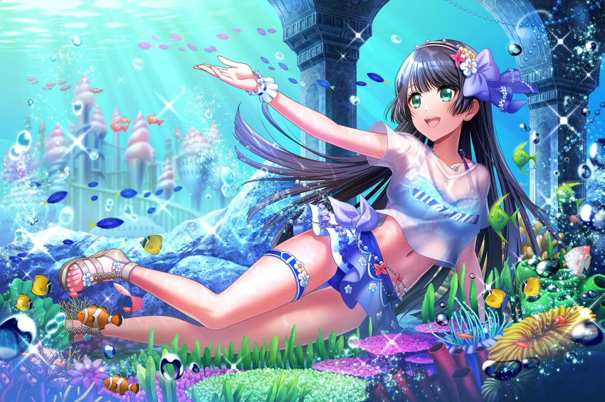 Safebooru - 1girl black hair blue eyes blush d4dj long hair smile swimsuit togetsu rei | 3659755