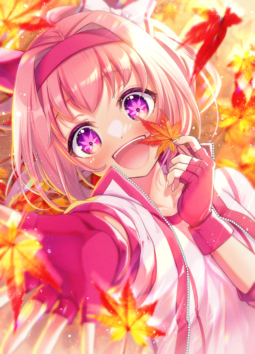 Safebooru - 1girl autumn leaves bangs blush bow fingerless gloves gloves gym uniform hair bow ...