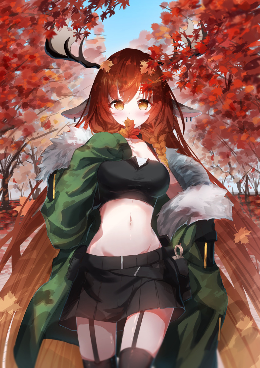 Safebooru - 1girl absurdres animal ears antlers autumn autumn leaves black skirt braid dentaku ...