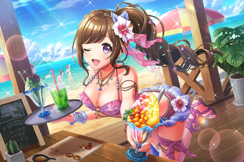 Safebooru - bikini black hair blush d4dj long hair mizushima marika smile violet eyes wink | 3663897