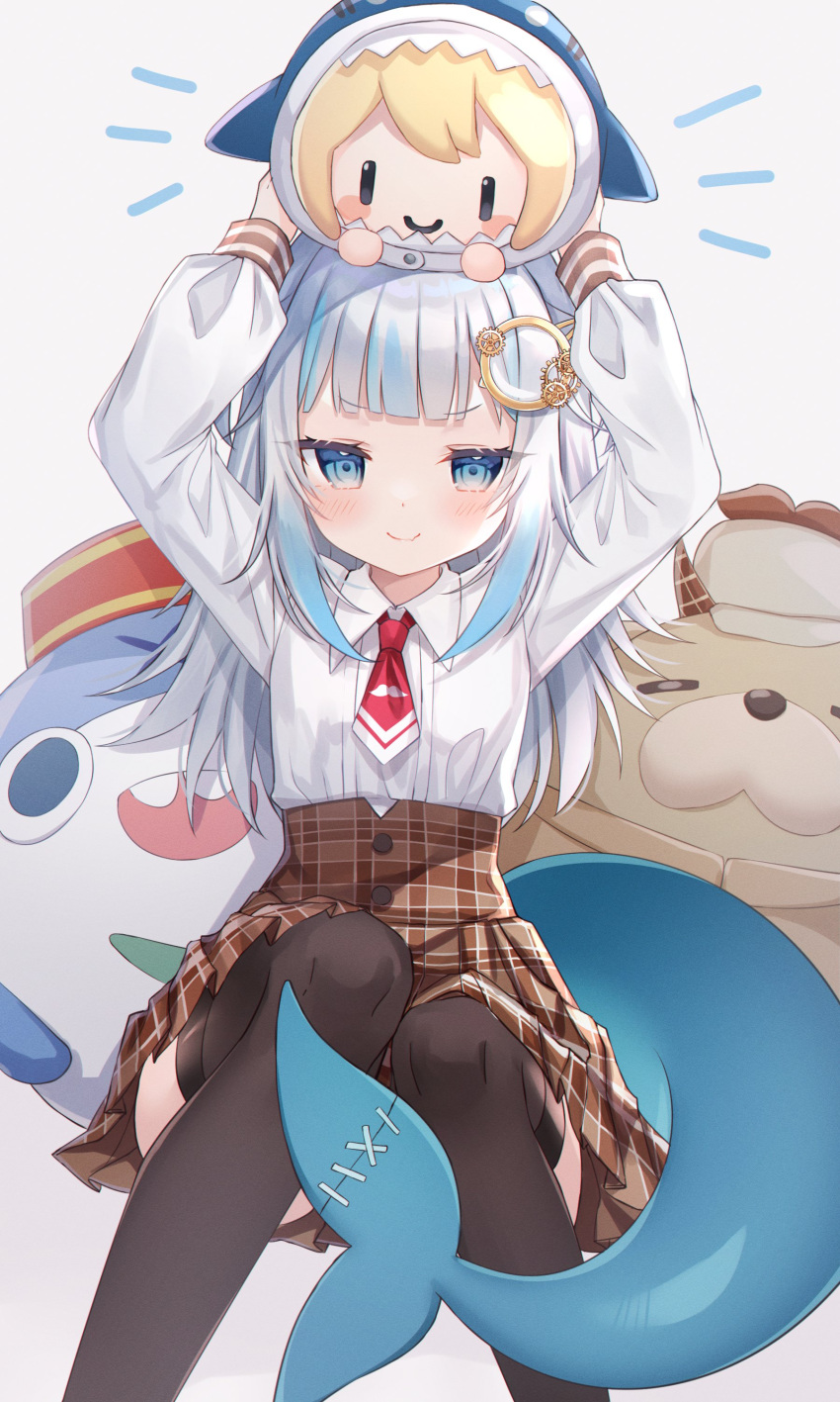 Safebooru - >:) 2girls ^^^ absurdres animal hood arms up bangs black eyes black legwear blonde ...