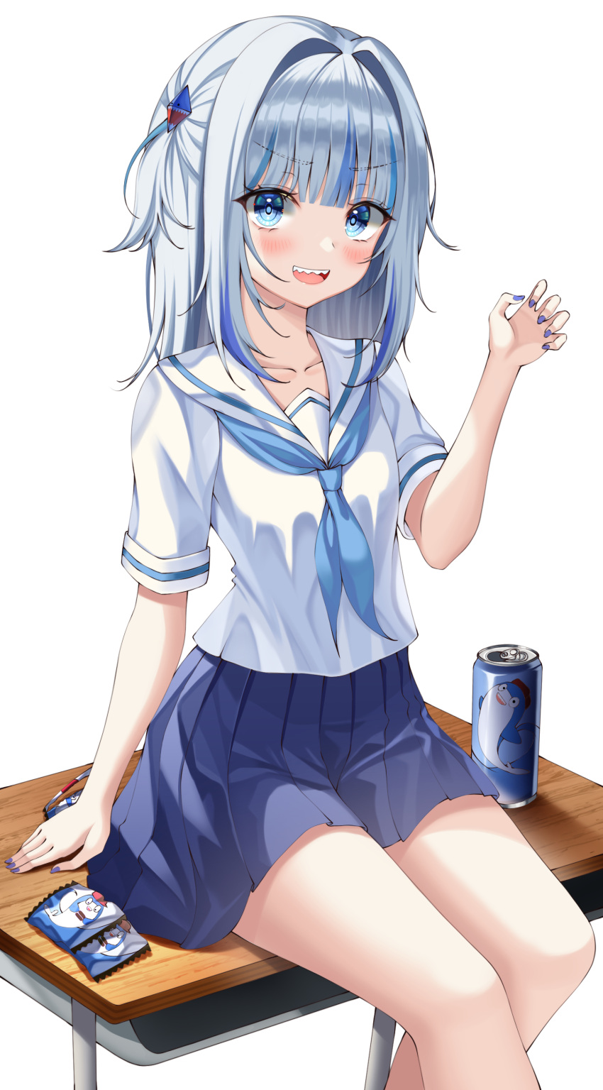 Safebooru - 1girl :d absurdres bangs biscuit (bread) bloop (gawr gura) blue eyes blue nails blue ...