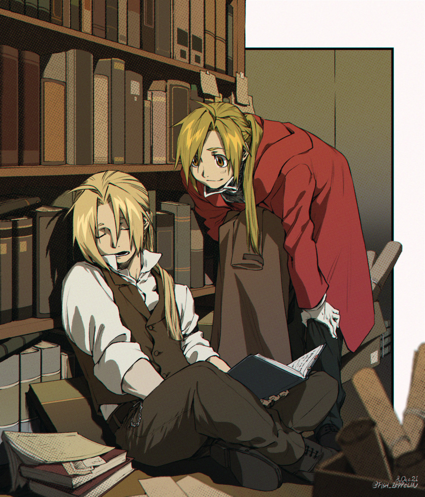Safebooru - 2boys against bookshelf alphonse elric belt black footwear black pants blonde hair ...