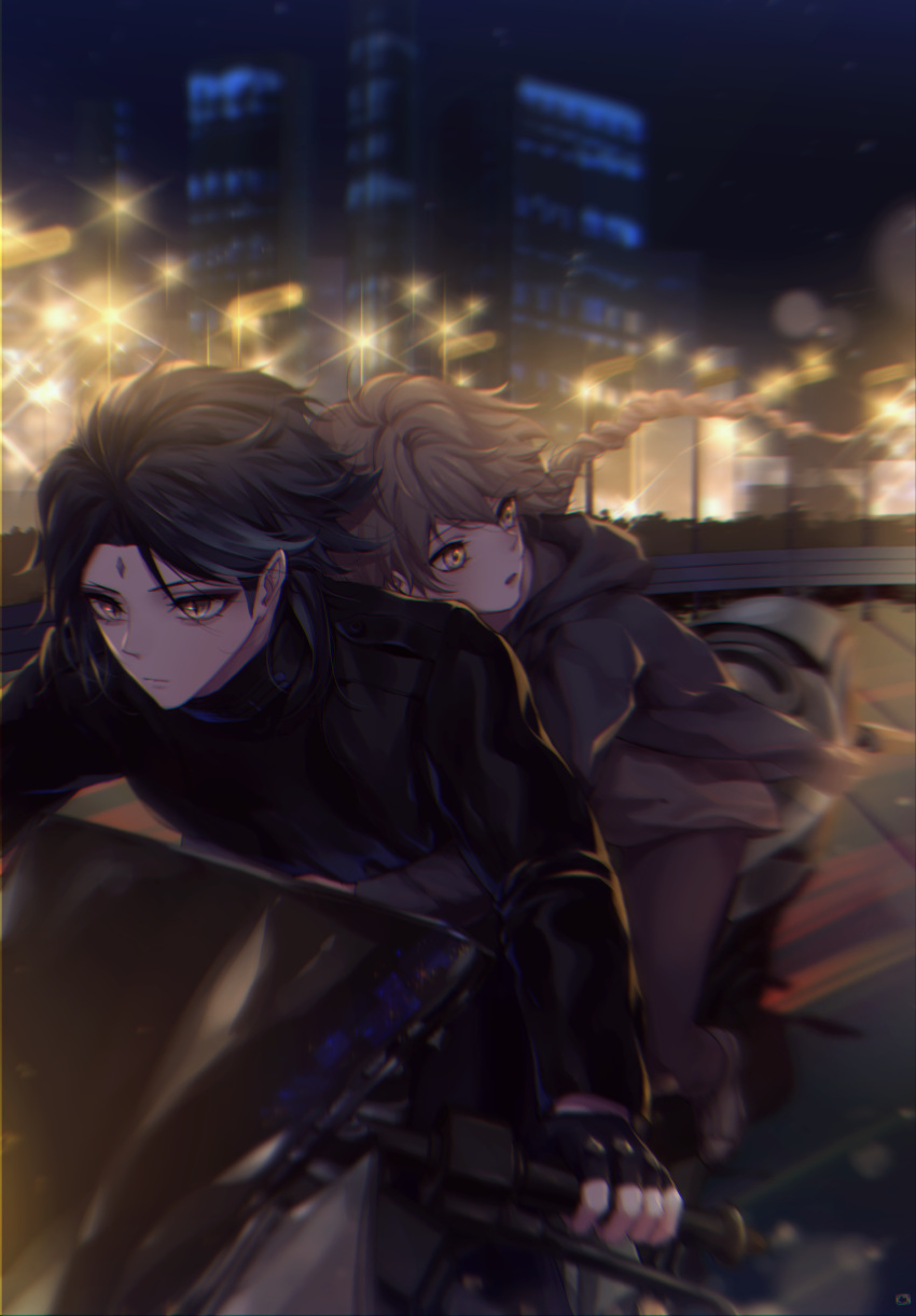 Safebooru - aether (genshin impact) ahoge bangs black hair blonde hair braid city lights coo-cco ...