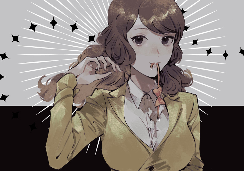 Safebooru - 1girl black background bow bowtie brown hair grey ...