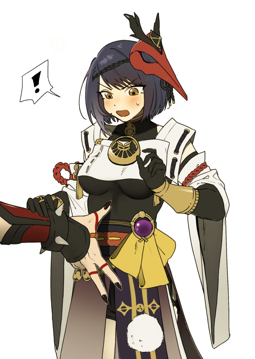 Safebooru - ! 1boy 1girl arataki itto bird mask black bodysuit black hair black nails blush ...