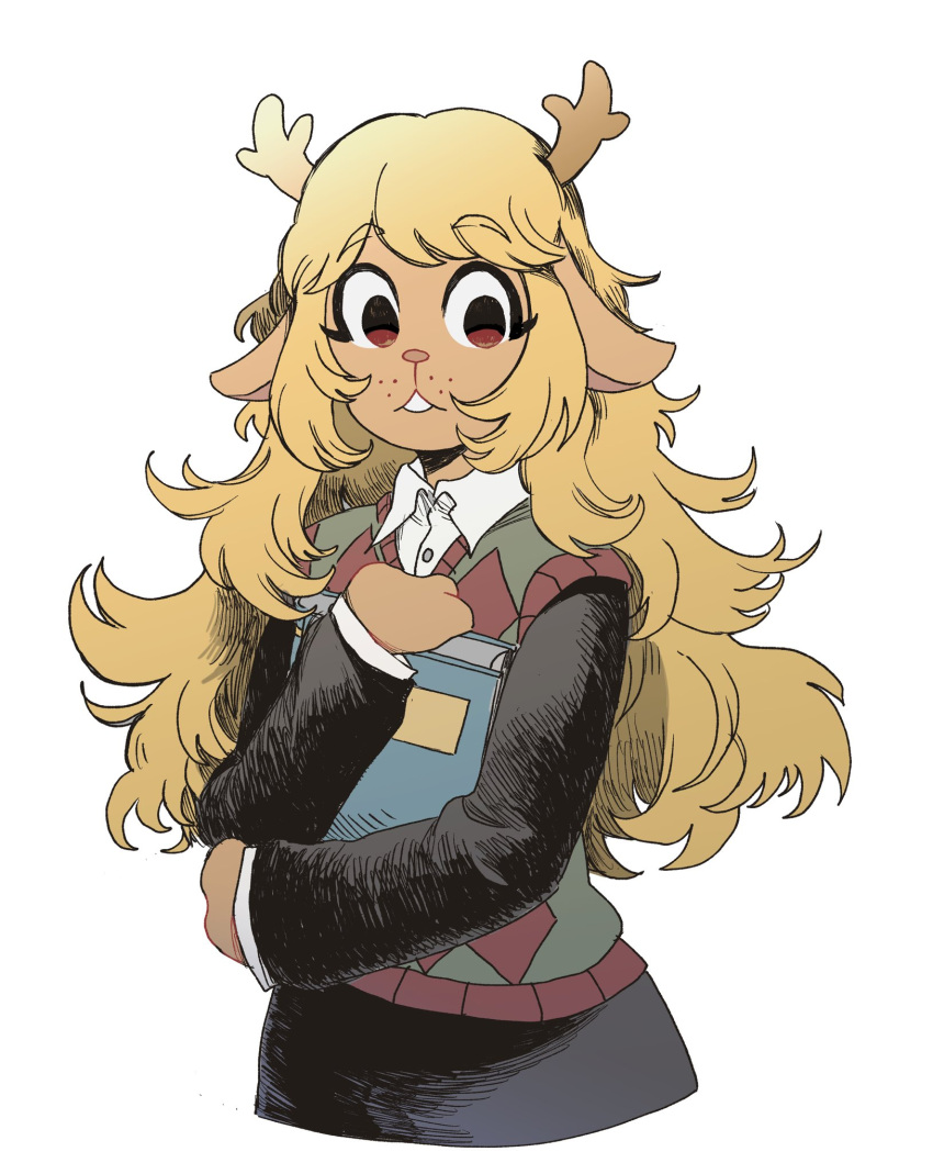 Safebooru - 1girl animal ears antlers blonde hair book colored skin ...