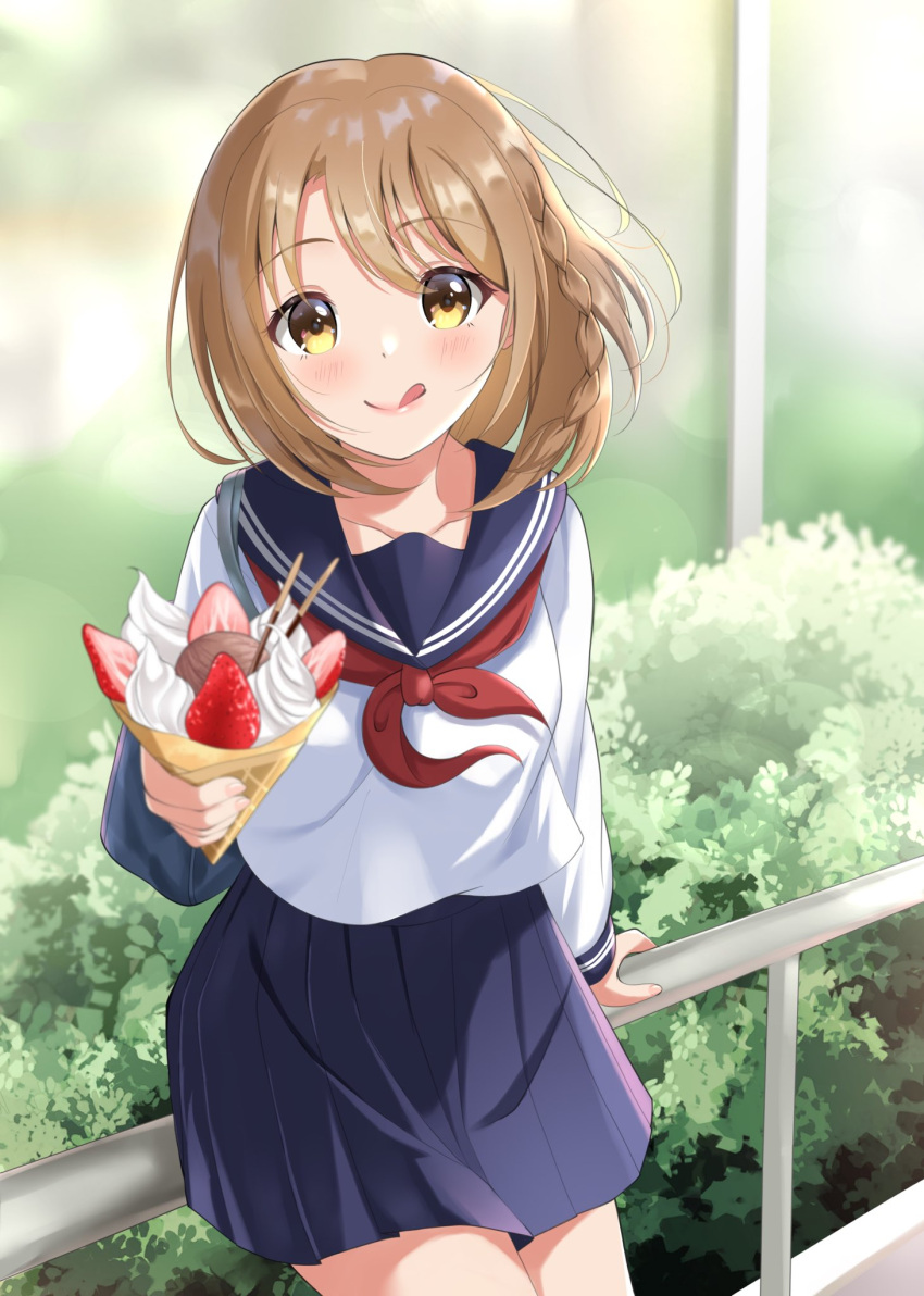 Safebooru - 1girl bag bangs bench blonde hair blue sailor collar blue skirt blurry blurry ...