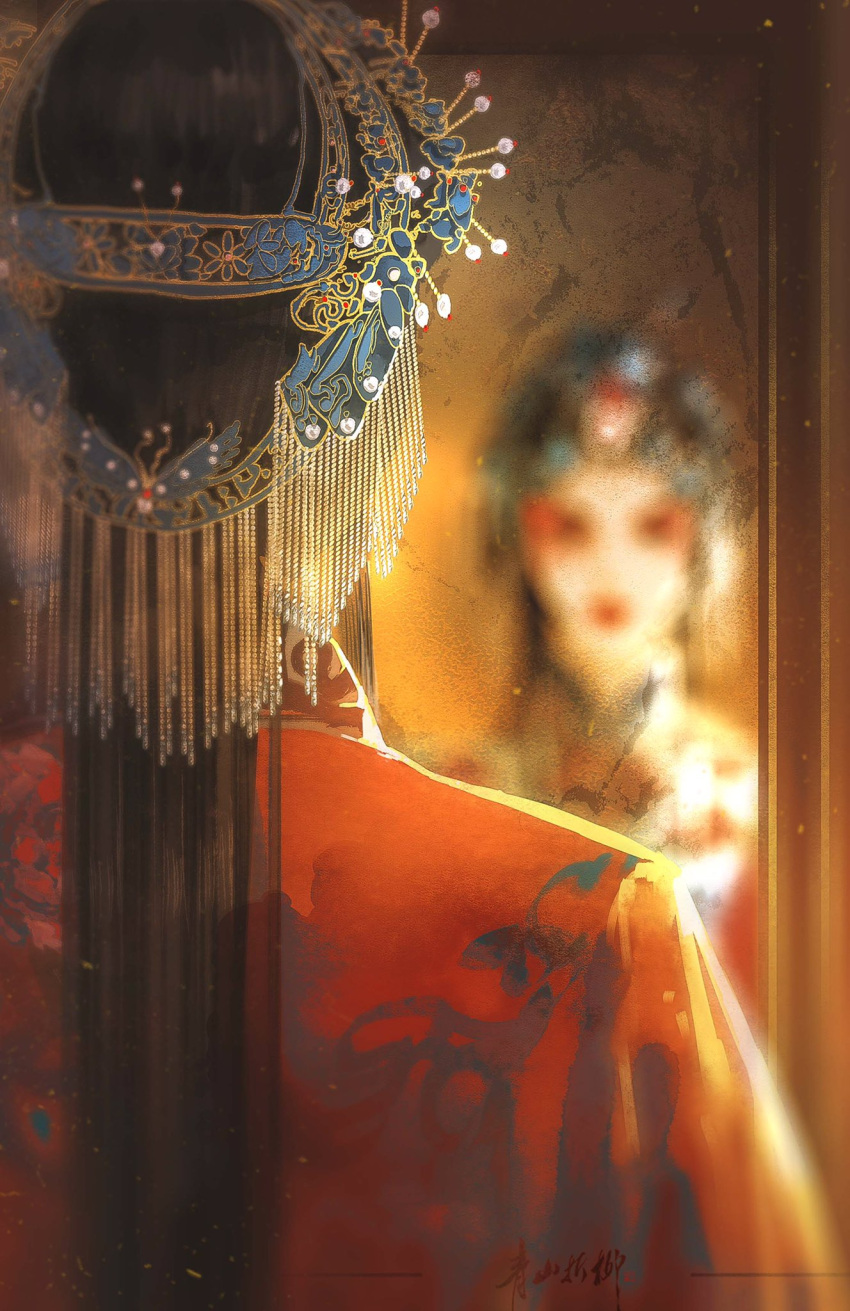 Safebooru - 1girl black hair blurry china dress chinese clothes dress glass hair ornament ...