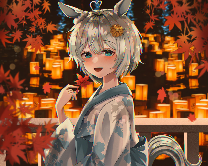 Safebooru - 1girl absurdres ahoge animal ears autumn leaves blue eyes hair ornament hairclip ...
