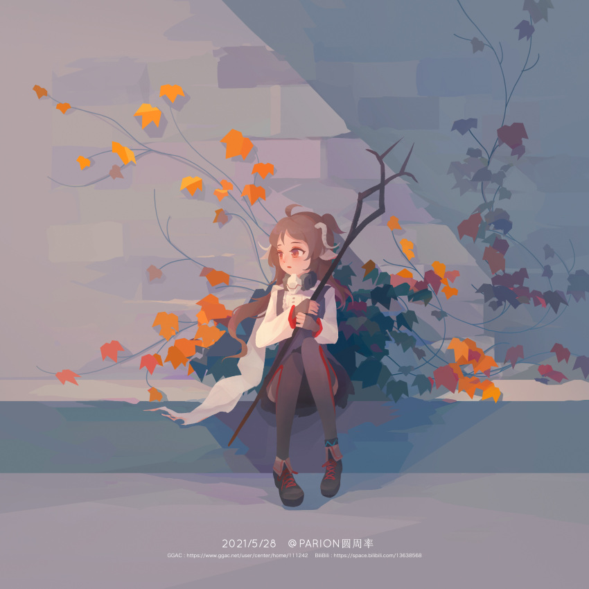 Safebooru - 1girl absurdres arknights artist name autumn leaves black thighhighs brown hair ...