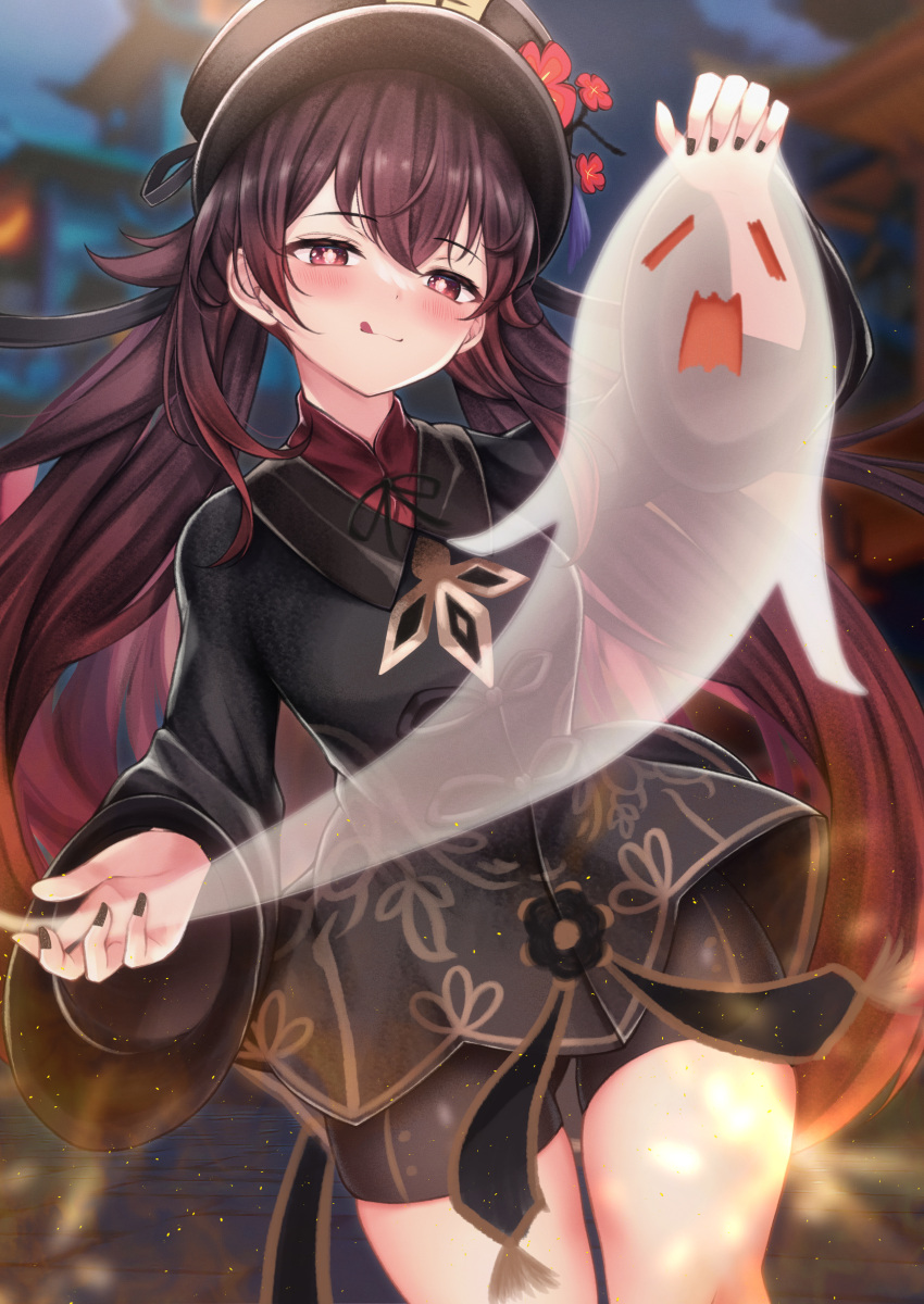 Safebooru - 1girl absurdres black headwear black nails blush brown hair closed eyes genshin ...