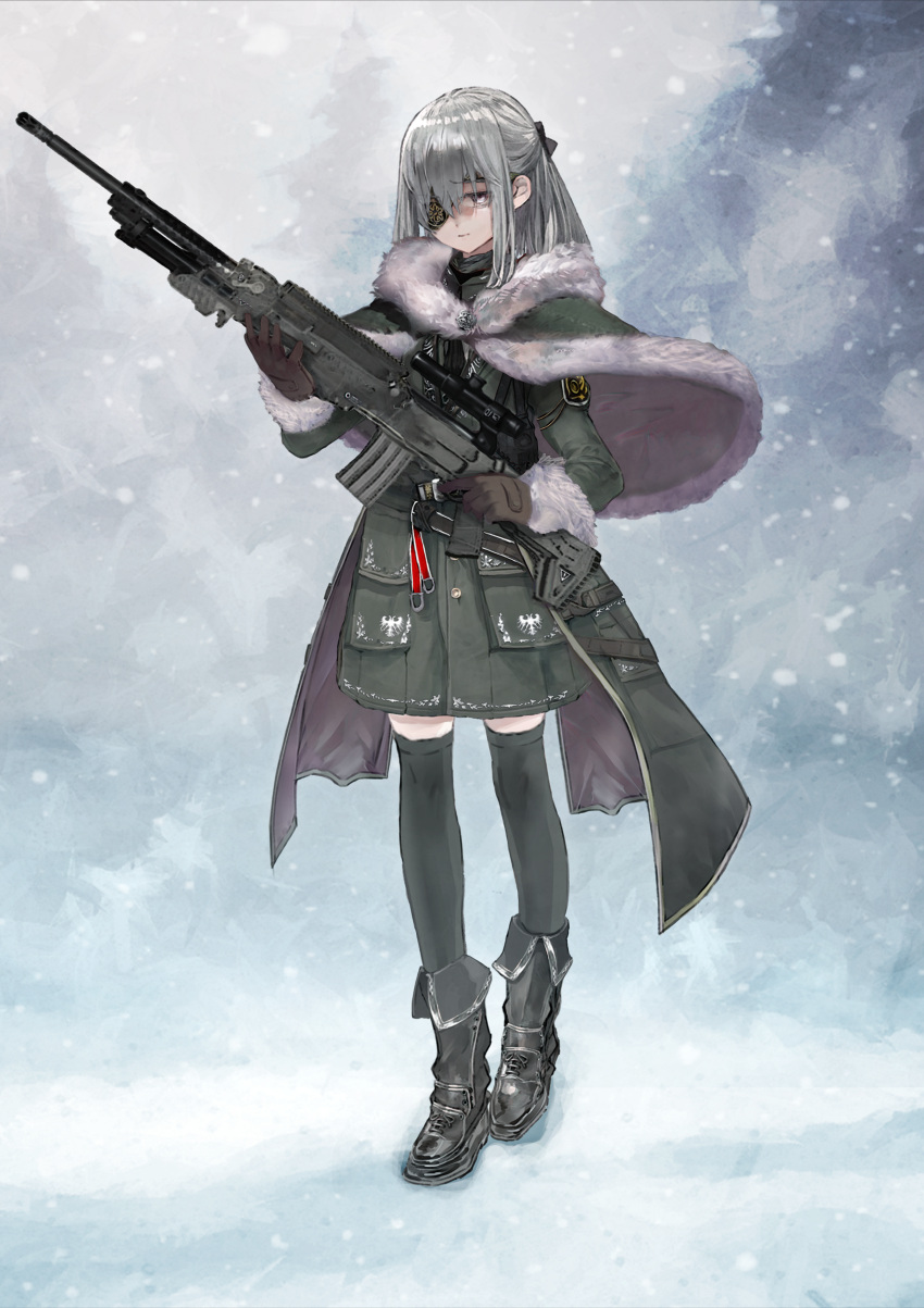 Safebooru - 1girl absurdres bodevarc boots brown gloves capelet coat eyepatch full body fur ...