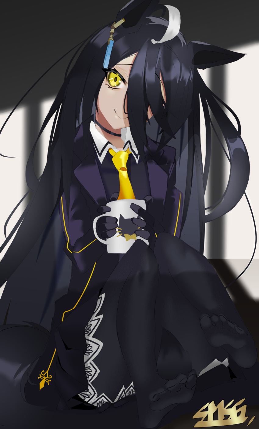 Safebooru - 1girl absurdres ahoge animal ears bangs black hair coffee cup eyebrows visible ...