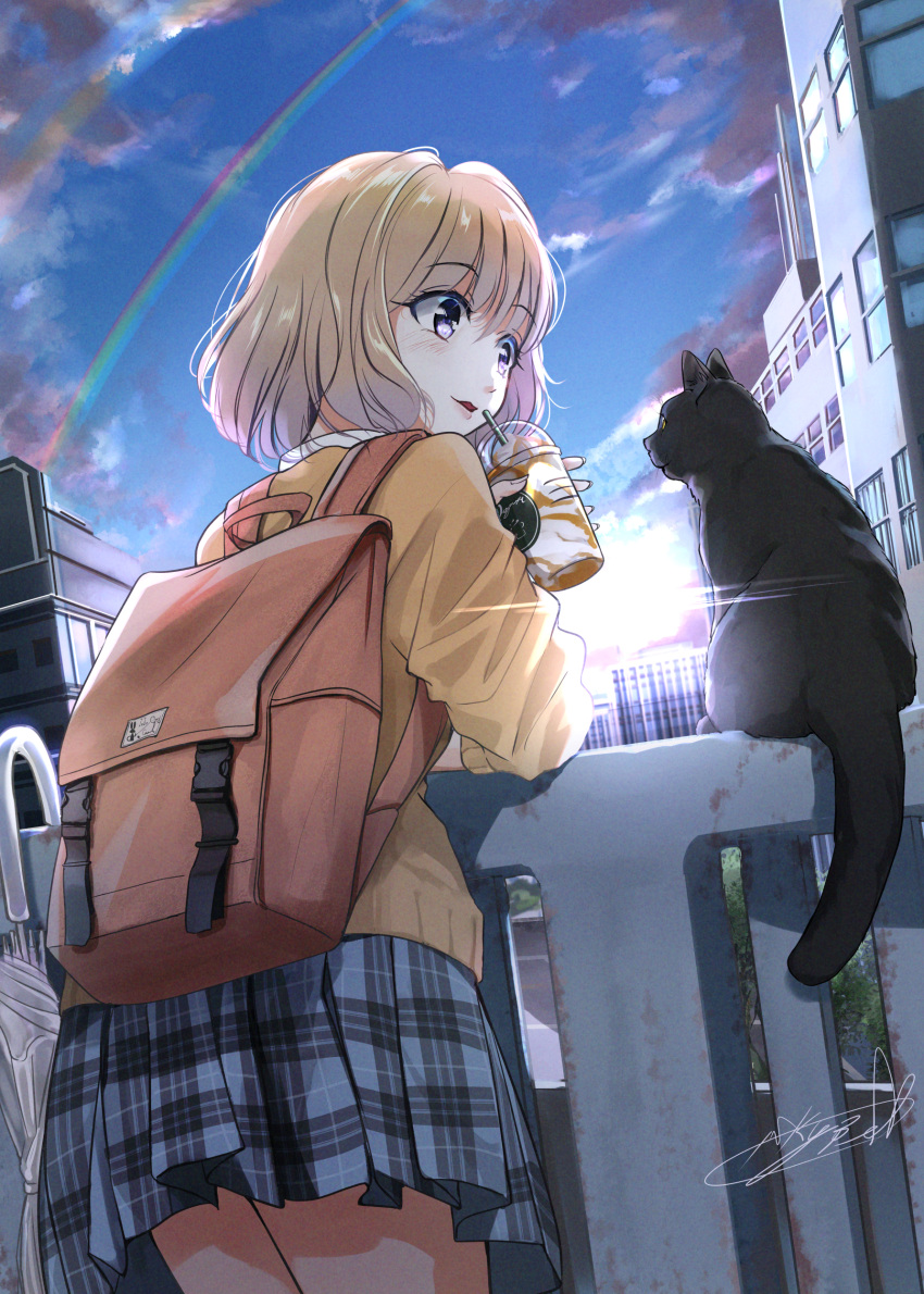 Safebooru - 1girl absurdres backpack bag bangs black fur blonde hair cardigan cat highres ...