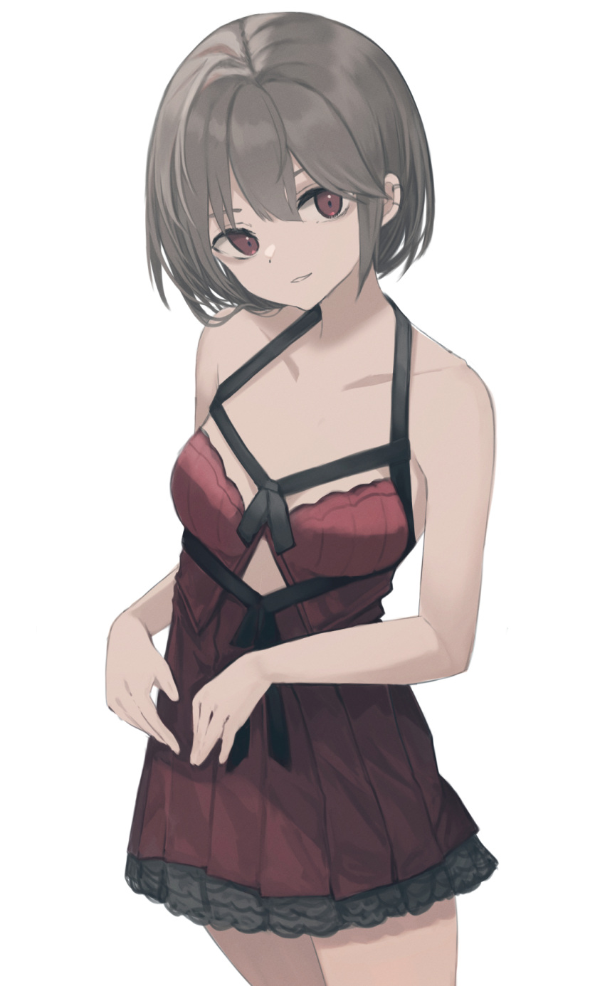 Safebooru - 1girl bangs bare arms bare shoulders brown hair collarbone commentary request dress ...