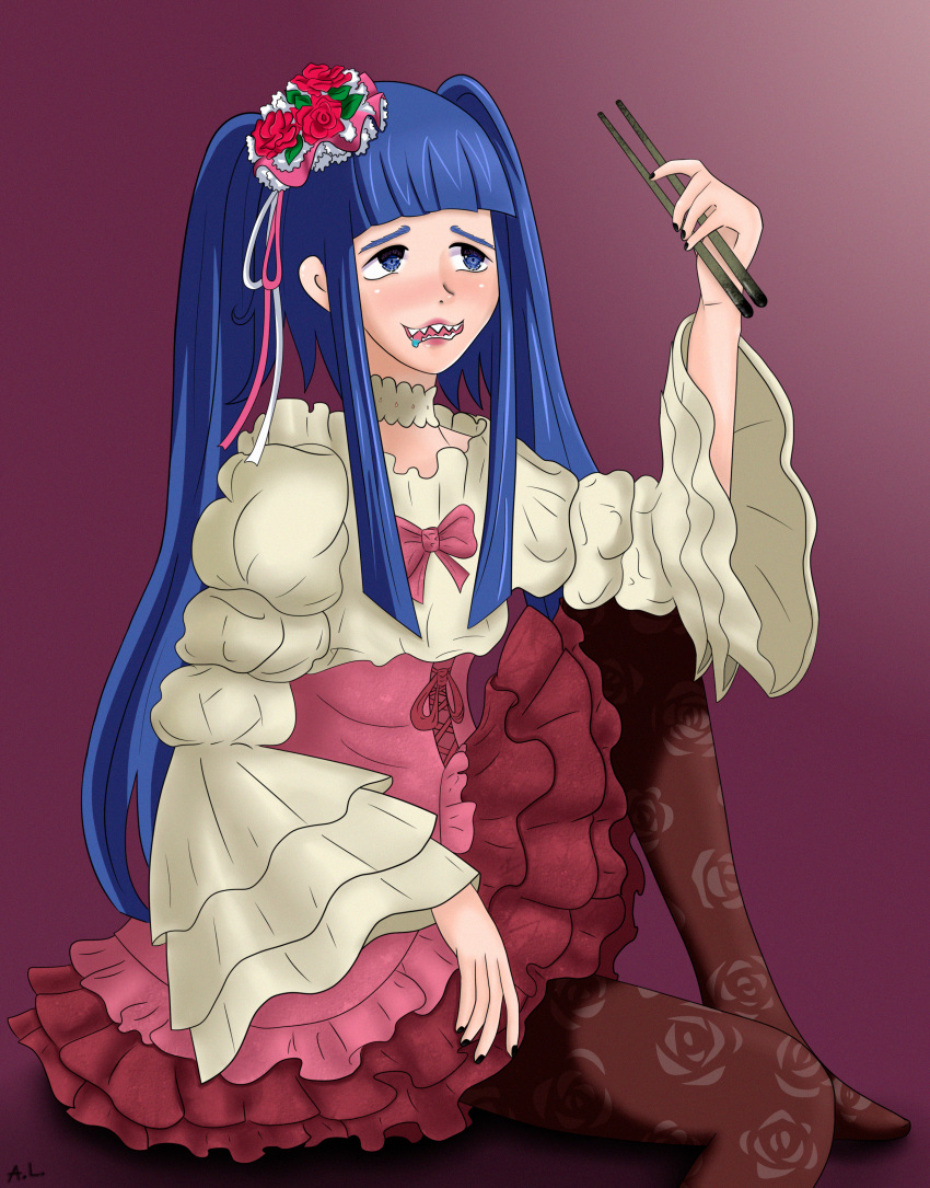 Safebooru - 1girl absurdres arlequin lunaire blue eyes blue hair choker chopsticks corset dress ...