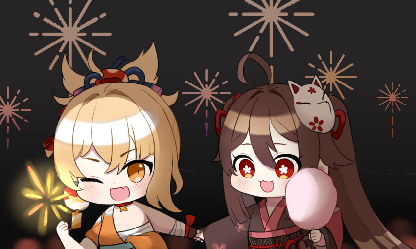 Safebooru - 2girls :d ;d aerial fireworks ahoge bandaged arm bandages ...