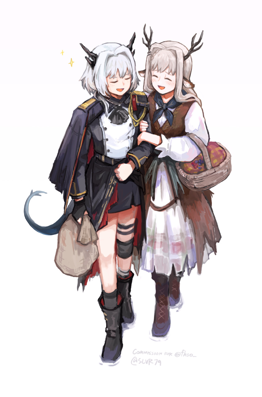 Safebooru - 2girls :d alina (arknights) animal ears arknights arm grab ascot basket black ascot ...