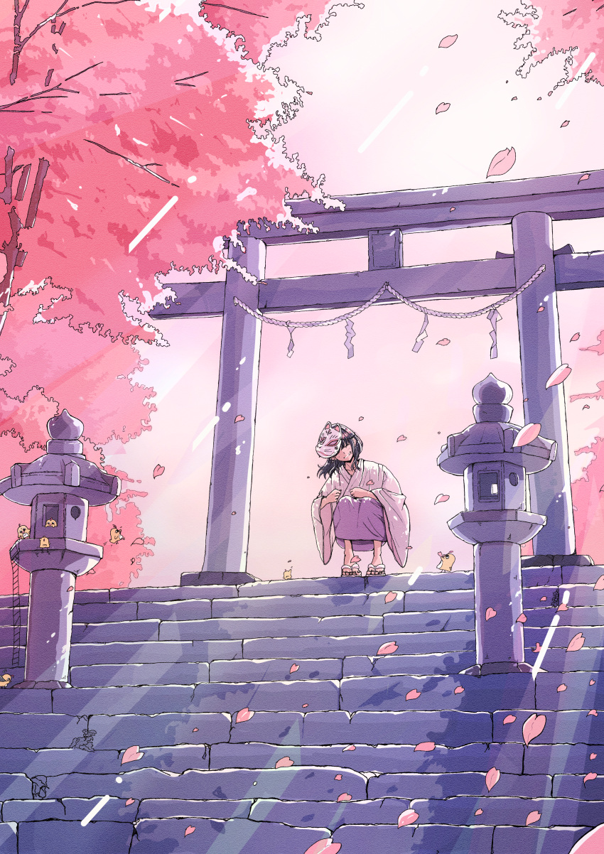 Safebooru - 1girl absurdres architecture bird black hair cherry ...