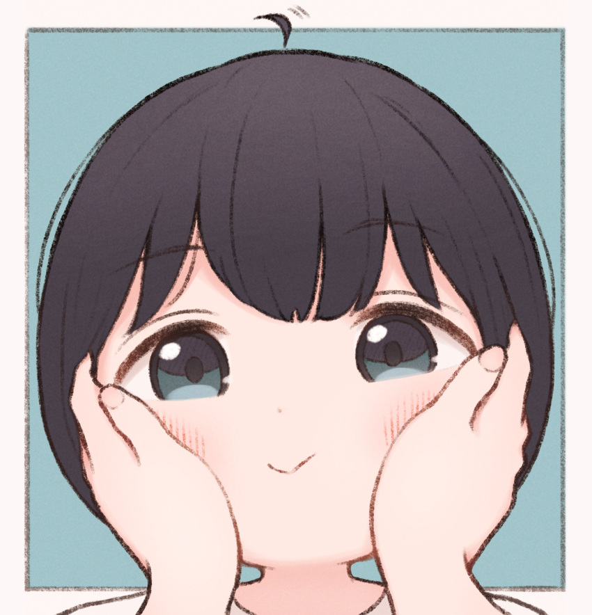 Safebooru - 1girl 1ssakawaguchi :> ahoge bangs blue background blue eyes blush bob cut border ...