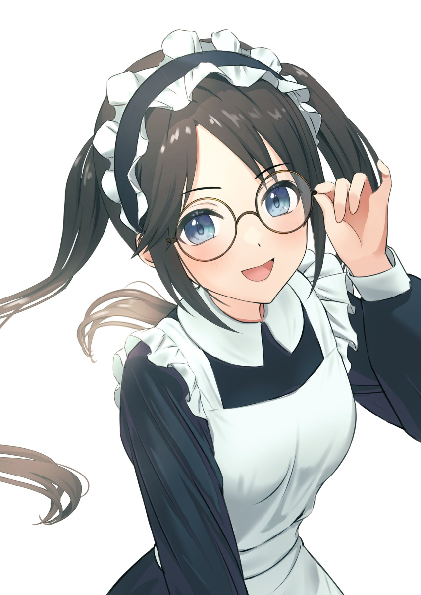 Safebooru - 1girl absurdres adjusting eyewear alternate costume apron black hair blue eyes ...