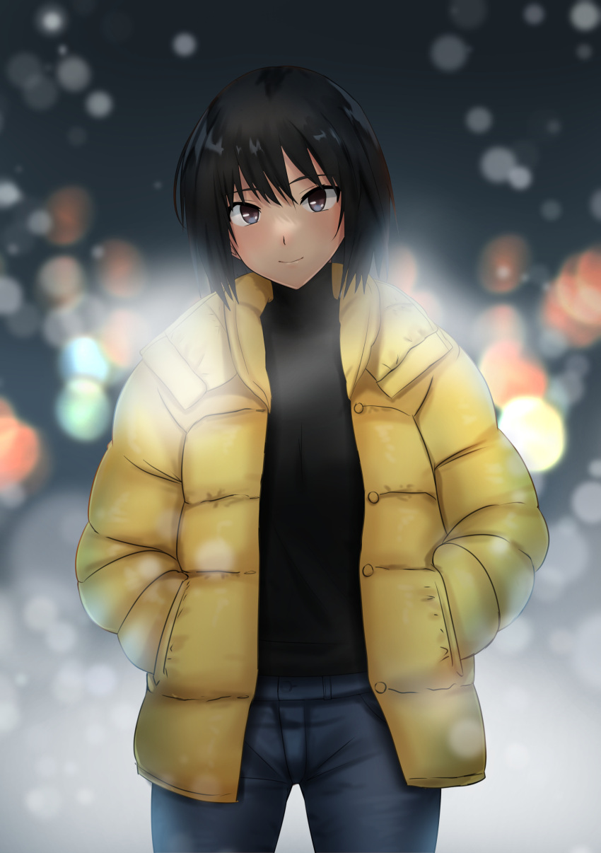 Safebooru - 1girl absurdres amagami black eyes black hair black sweater blue pants blurry blurry ...