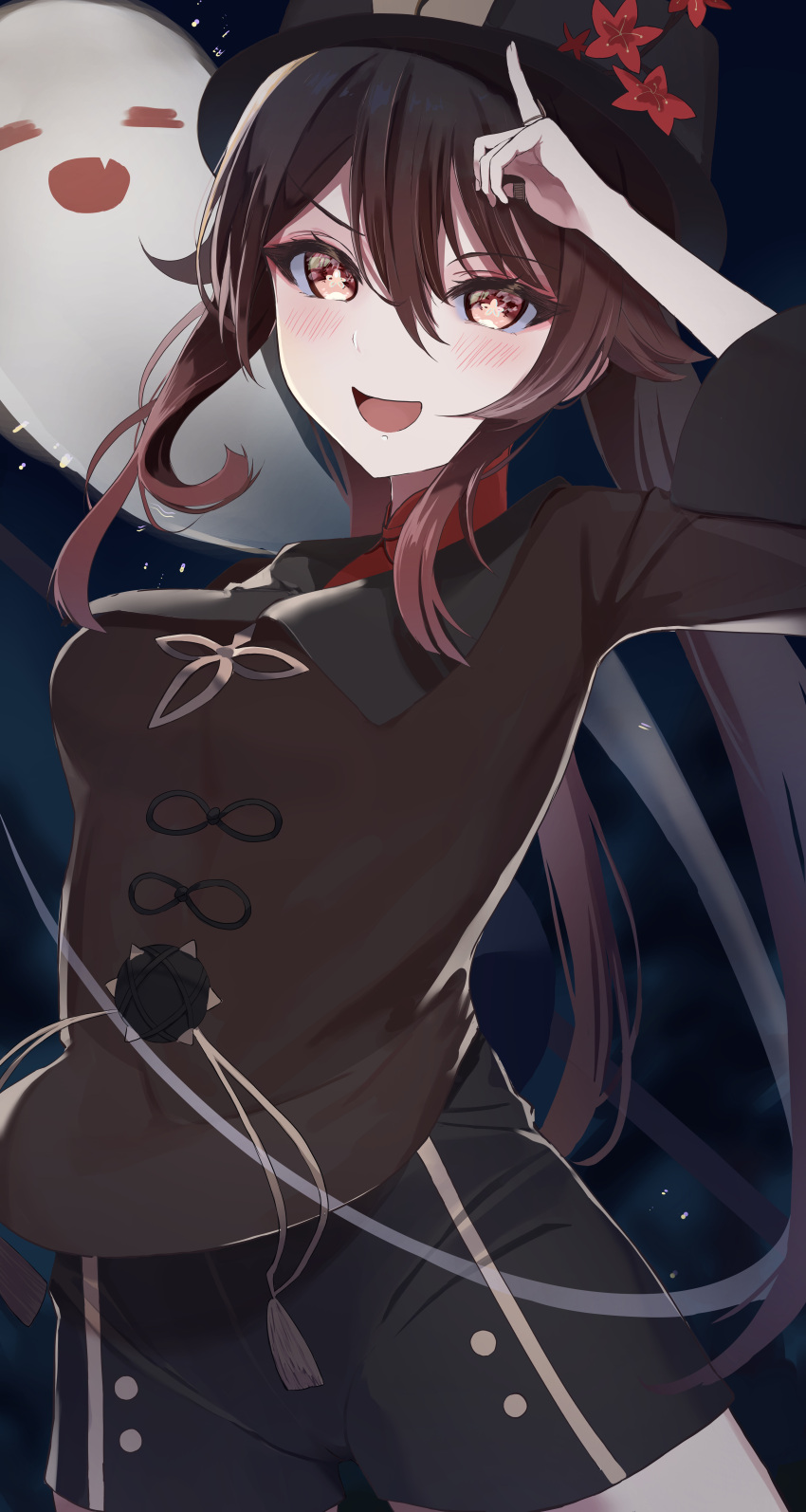 Safebooru - 1girl absurdres black headwear black shorts blush breasts closed eyes fang flower ...