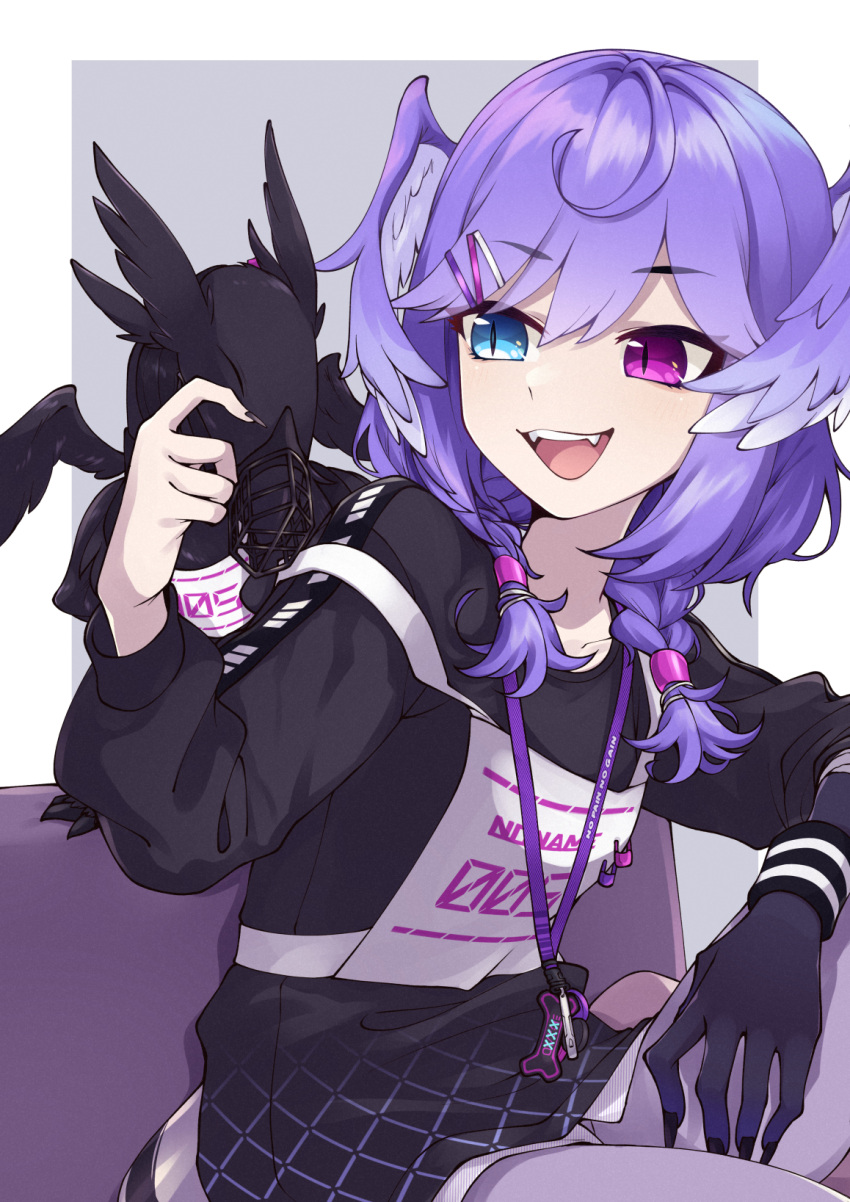 Safebooru - 1girl animal on shoulder black nails black sweater blue eyes collarbone dragon ember ...