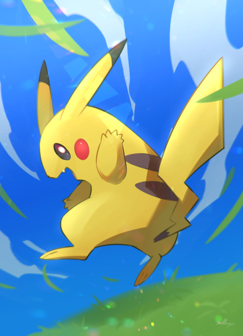 Safebooru - absurdres black eyes blurry commentary day fang grass ...