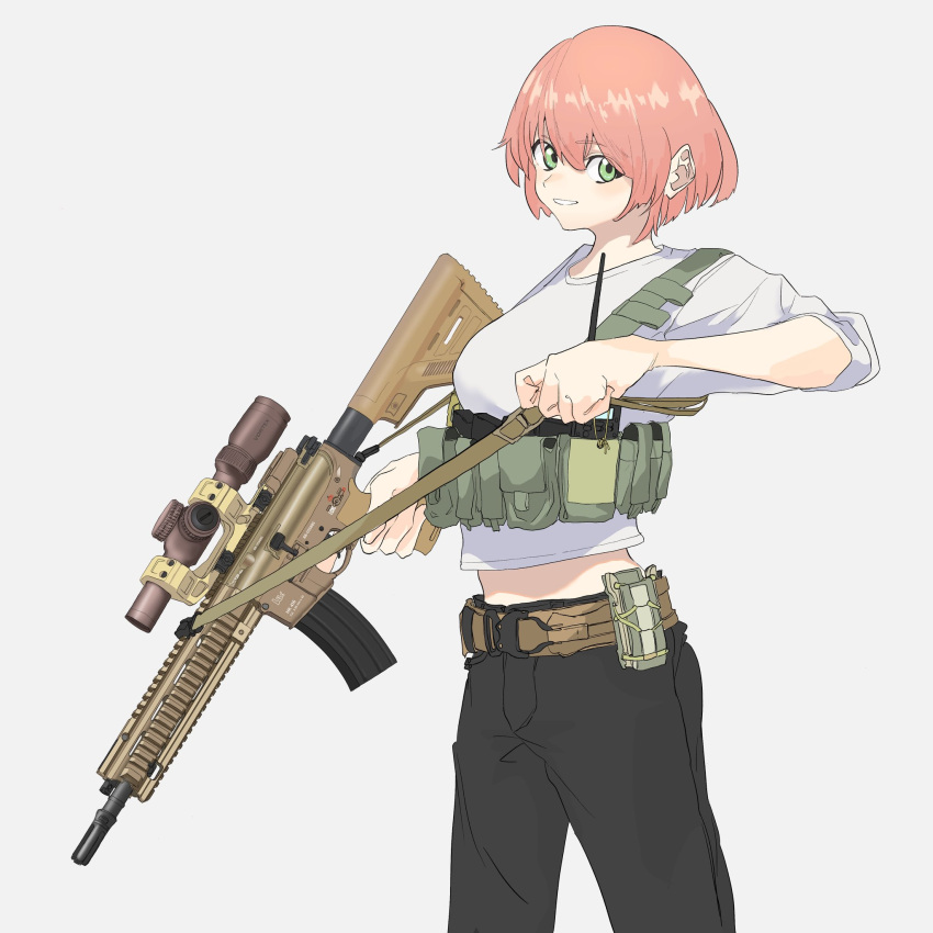 Safebooru - 1girl :d ammunition belt ammunition pouch ar-15 bangs belt black pants green eyes ...