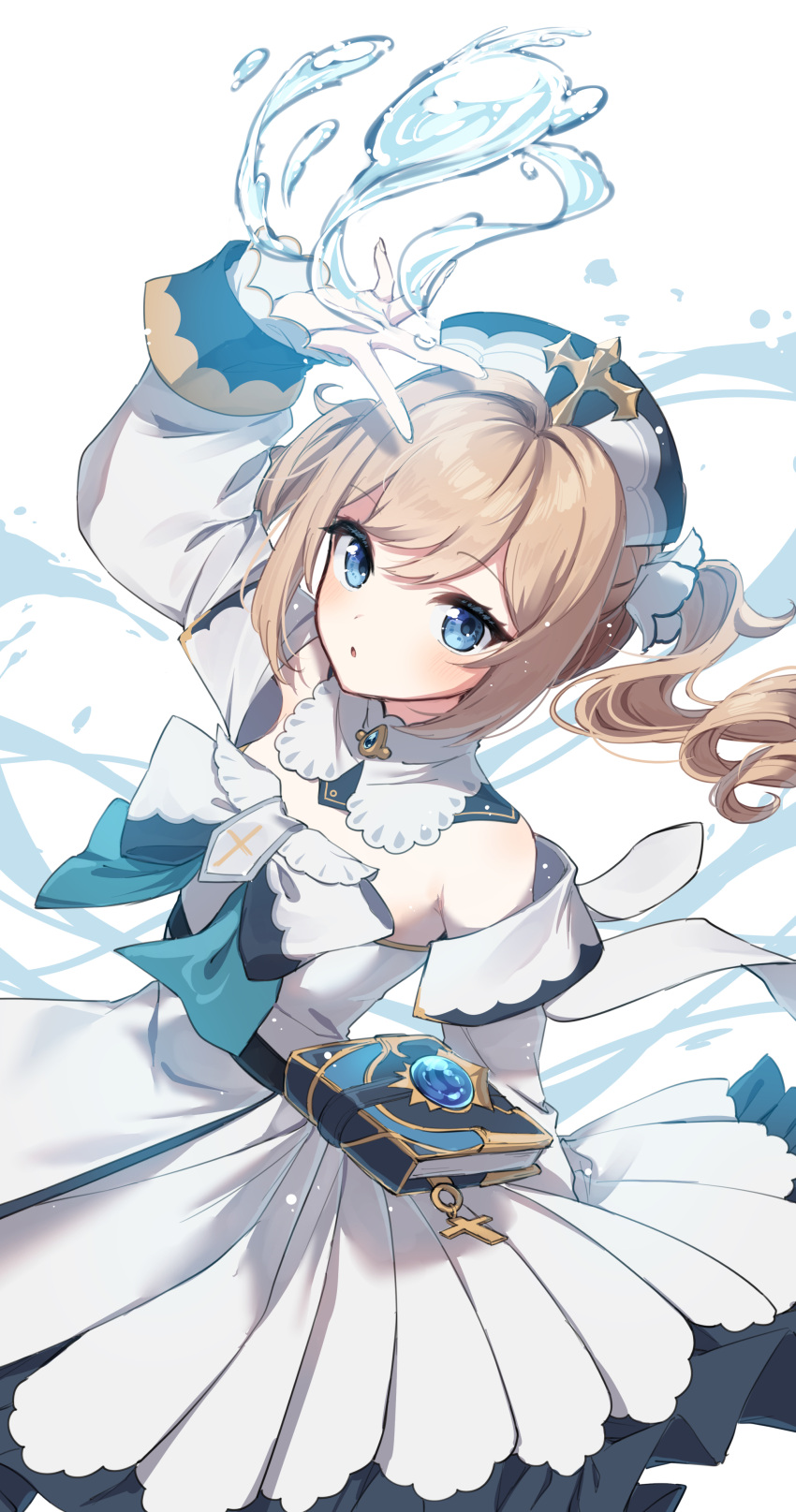 Safebooru - 1girl :o absurdres arm up bangs barbara (genshin impact) bare shoulders blonde hair ...